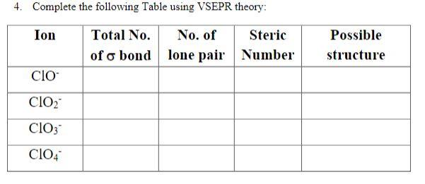 Solved 4. Complete the following Table using VSEPR theory: | Chegg.com