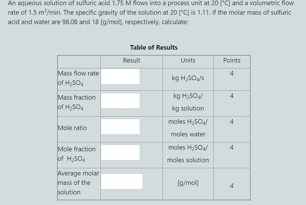 Solved An aqueous solution of sulfuric acid 1.75 M flows | Chegg.com