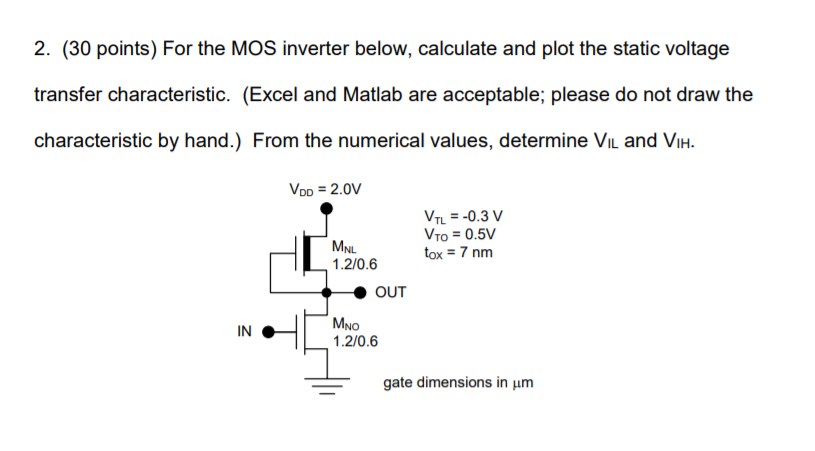 Solved 2. (30 points) For the MOS inverter below, calculate | Chegg.com