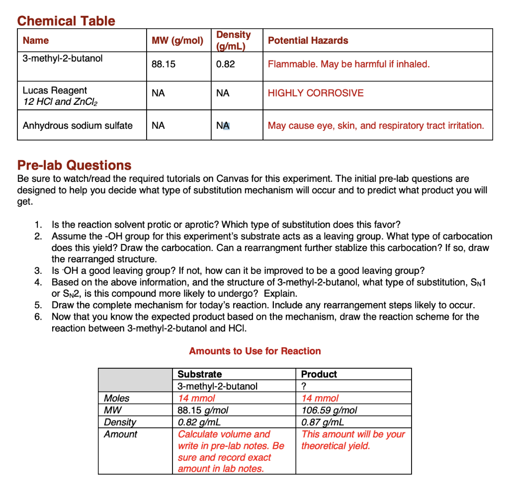 Solved Chemical Table Name MW (g/mol) Density (g/mL) | Chegg.com