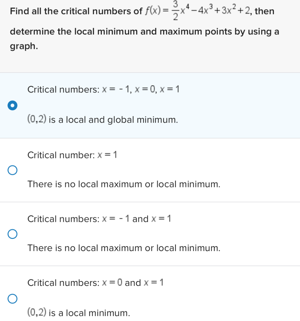 Solved Find all the critical numbers of f(x)=23x4−4x3+3x2+2, | Chegg.com