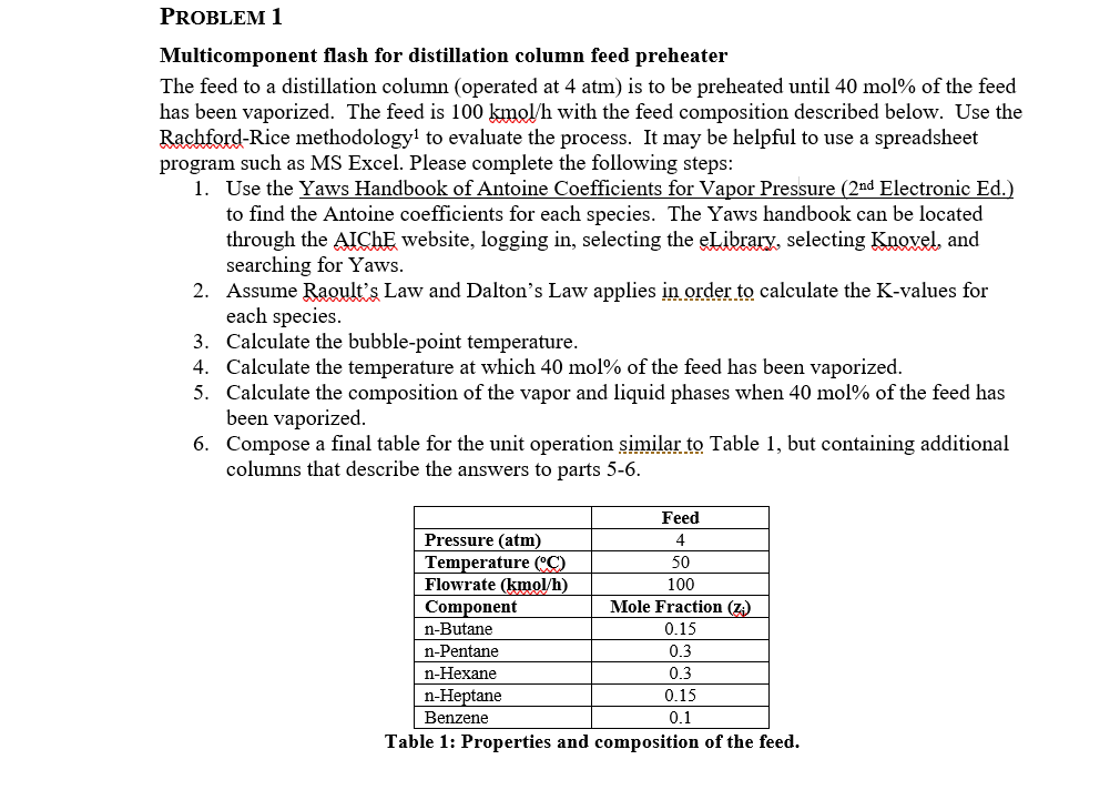 PROBLEM 1 Multicomponent flash for distillation | Chegg.com