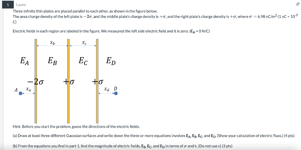 Solved 1 1 point Three infinite thin plates are placed | Chegg.com