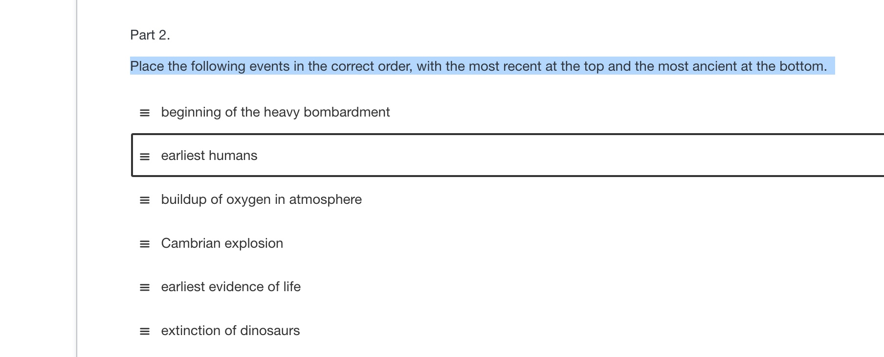 Solved Part 2. Place the following events in the correct | Chegg.com