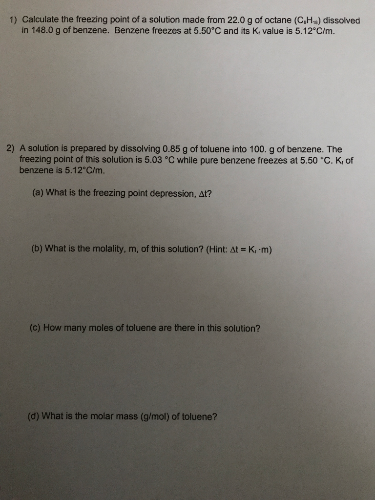 Solved 1) Calculate the freezing point of a solution made | Chegg.com