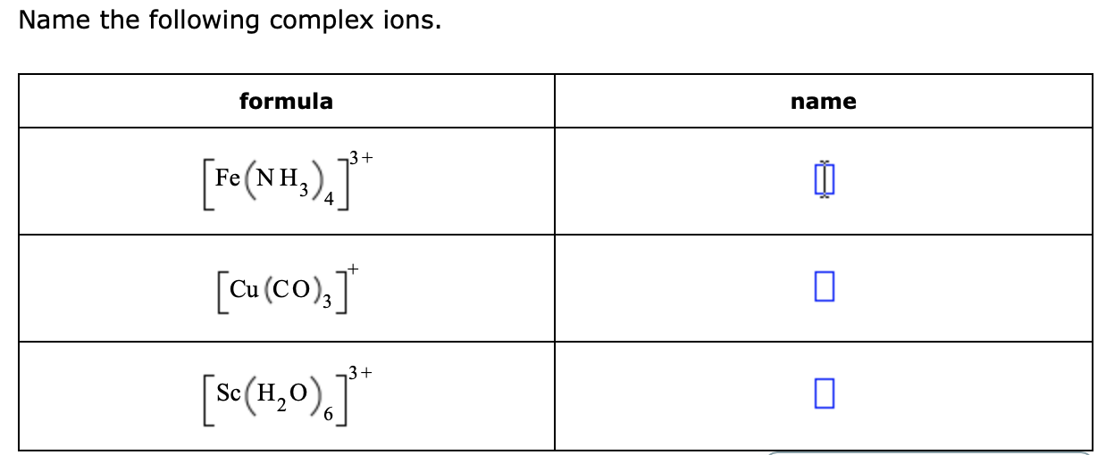 Solved Name the following complex ions. formula name 3+ | Chegg.com