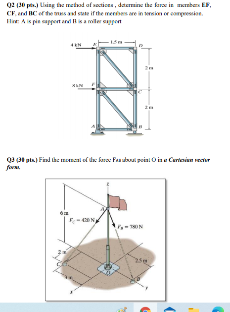 Solved Q2 (30 pts.) Using the method of sections, determine | Chegg.com