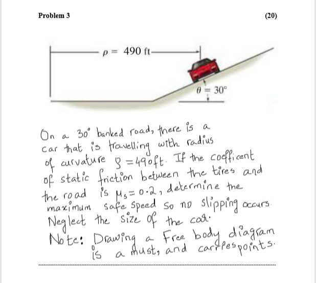 Solved Problem 3 (20) p=490 ft 0 = 30° On 30° banked road, | Chegg.com