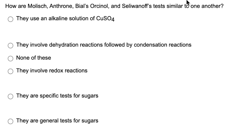 Solved How are Molisch, Anthrone, Bial's Orcinol, and | Chegg.com