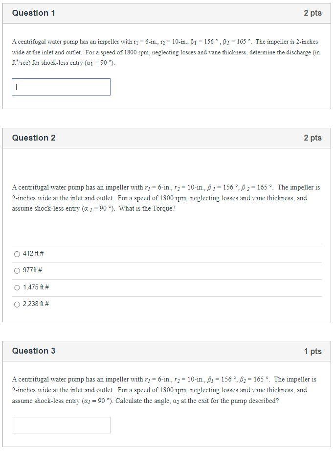 Solved A centrifugal water pump has an impeller with | Chegg.com