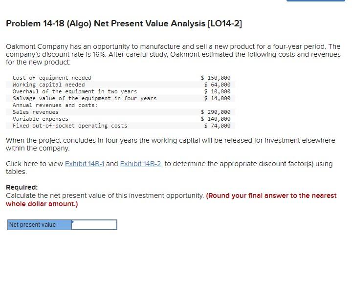 Solved Problem 14-18 (Algo) Net Present Value Analysis | Chegg.com