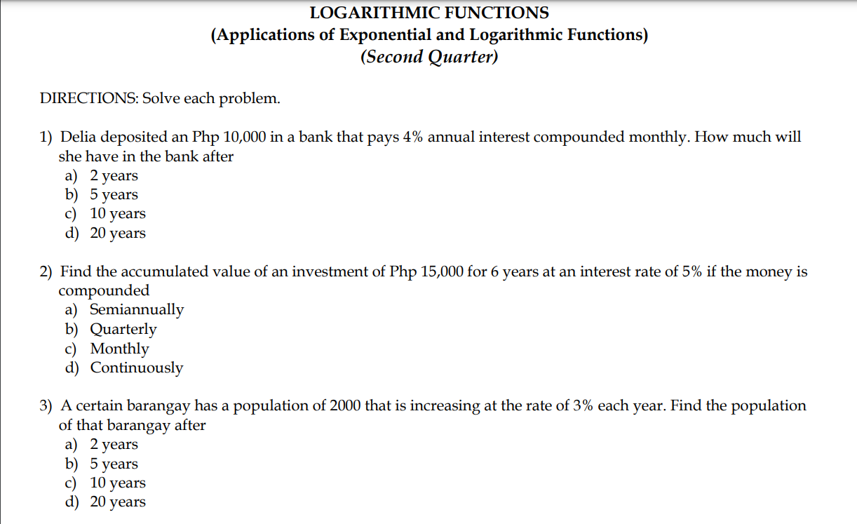Solved LOGARITHMIC FUNCTIONS (Applications of Exponential | Chegg.com