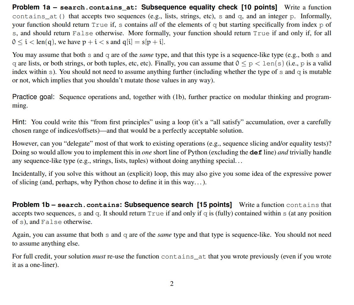 Solved Problem 1a - search.contains_at: Subsequence equality | Chegg.com