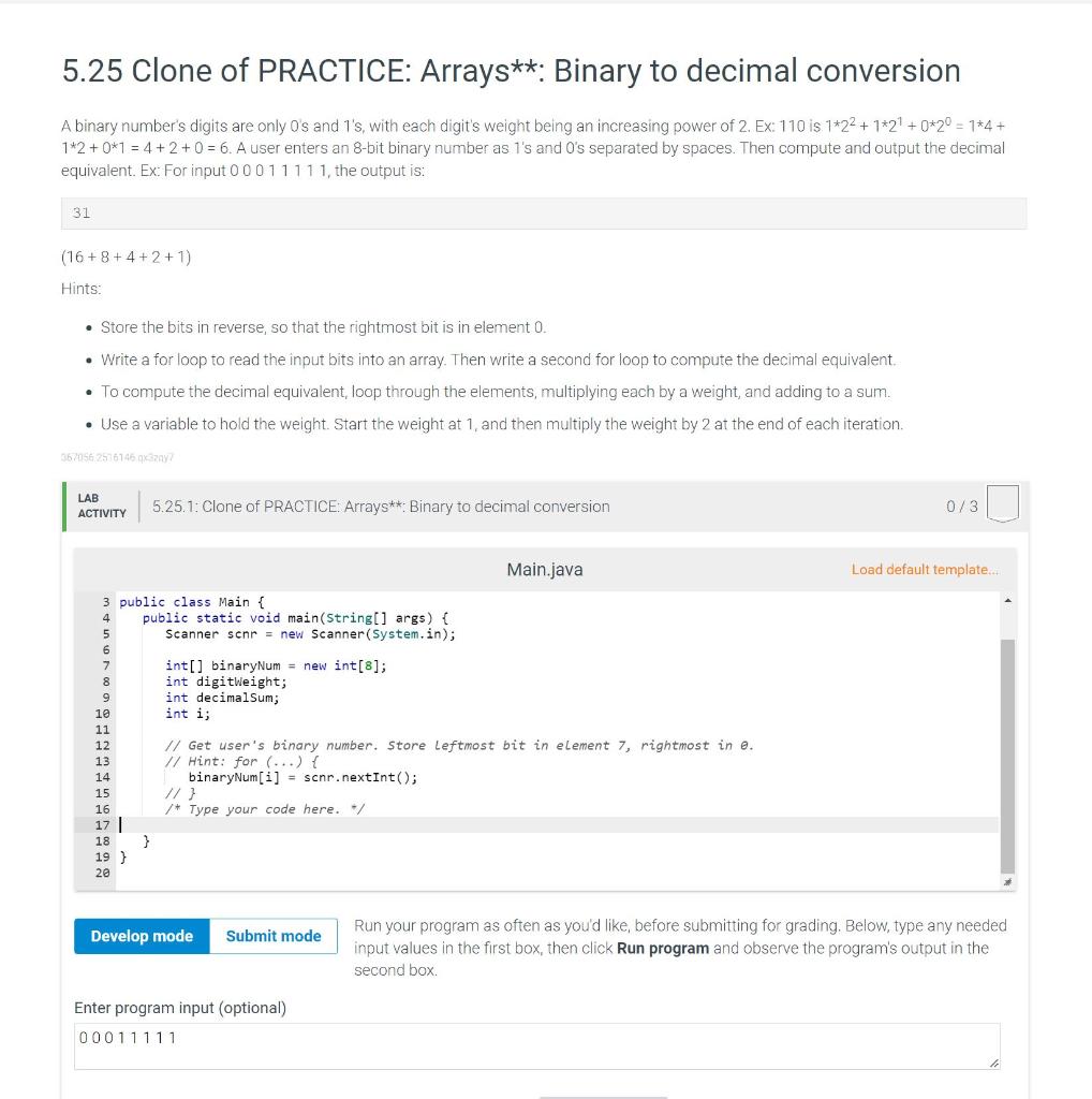 Solved 5.25 Clone of PRACTICE: Arrays**: Binary to | Chegg.com