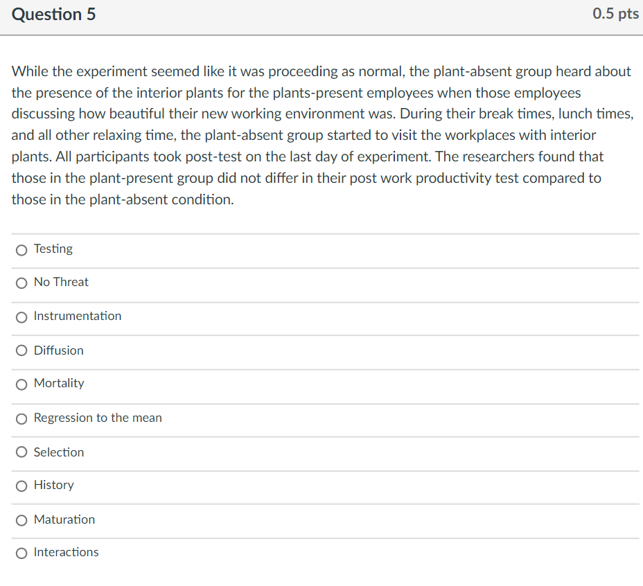 Solved Spot the Internal Validity Threat that is MOST likely | Chegg.com