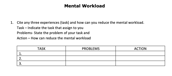 Solved Mental Workload 1. Cite any three experiences (task) | Chegg.com