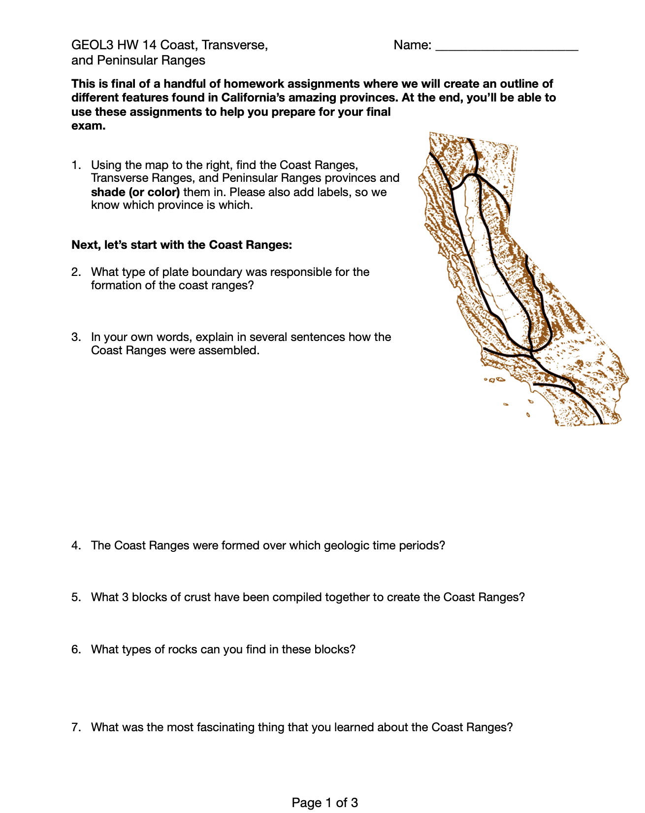 Solved GEOL3 HW 14 Coast, Transverse, Name: and Peninsular | Chegg.com