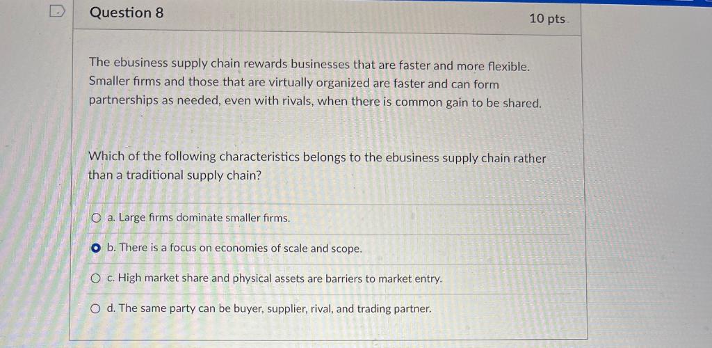Solved Question 6 10 pts Logistics plays a key role in | Chegg.com ...