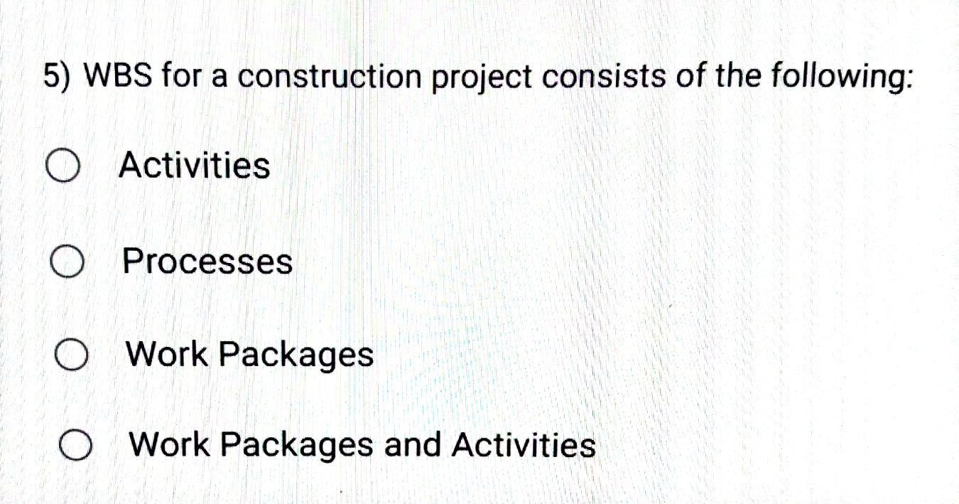 Solved 5) WBS for a construction project consists of the | Chegg.com