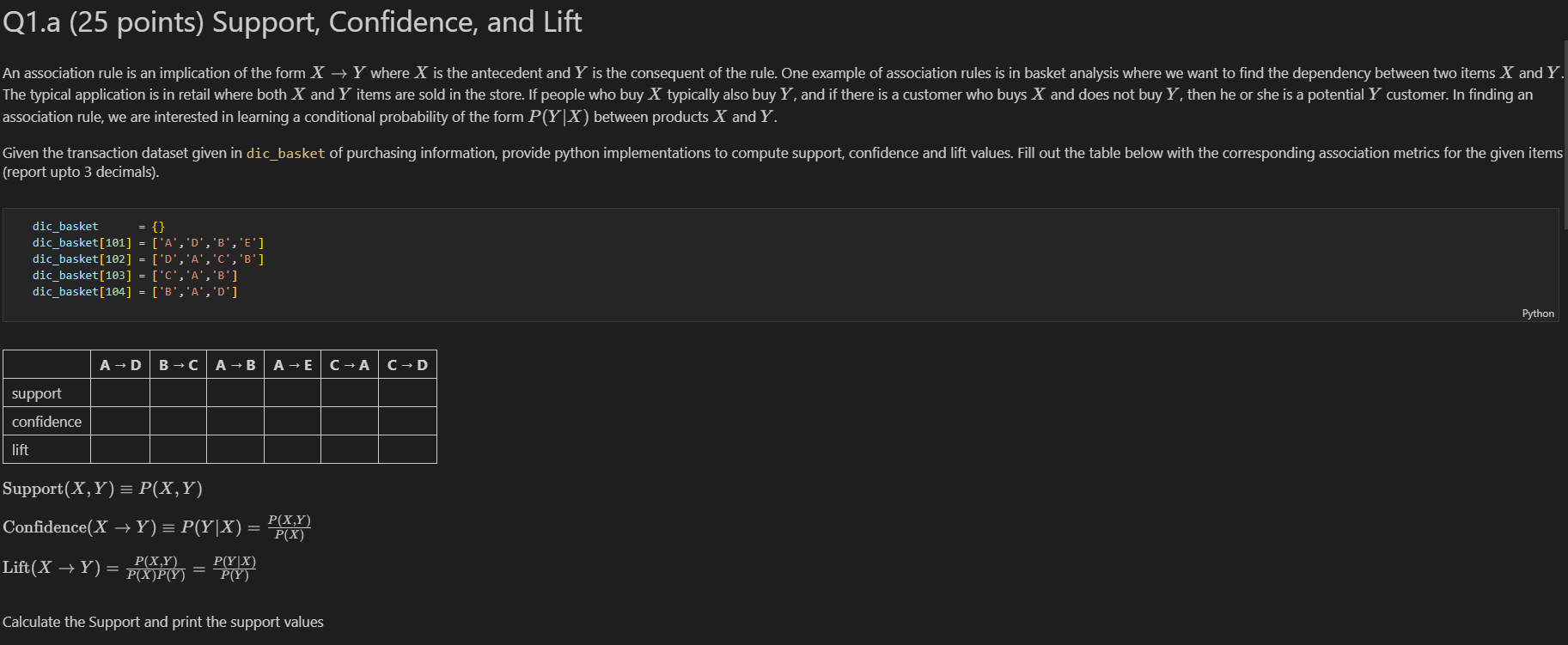Q1.a (25 points) Support, Confidence, and Lift | Chegg.com