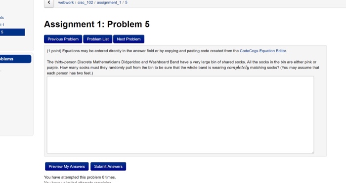 Solved webwork/ cise 102/assignment 1 5 ts Assignment 1: | Chegg.com