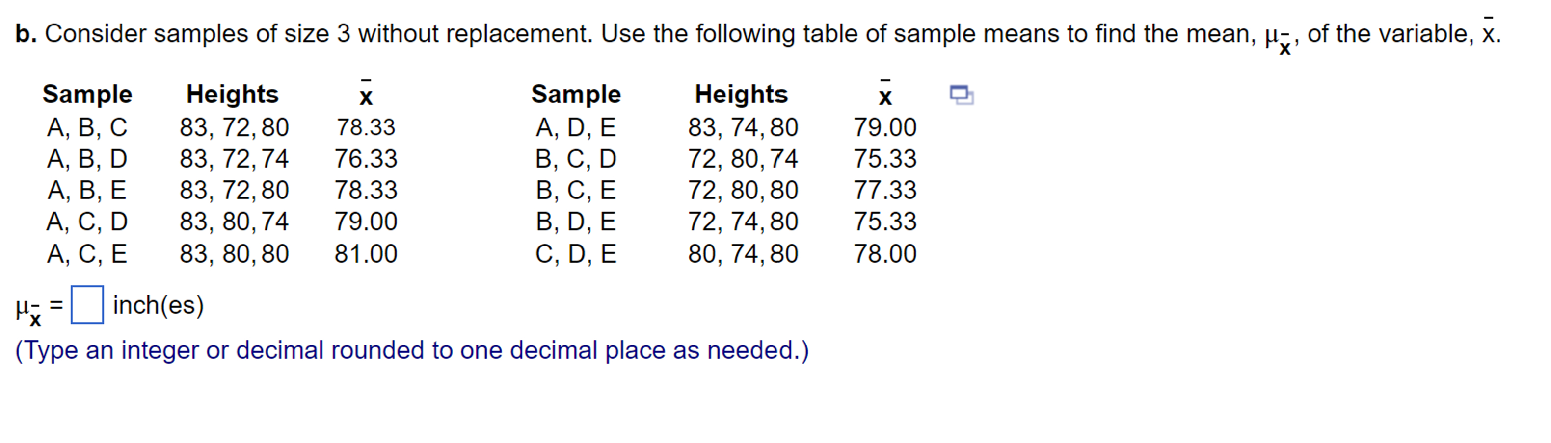 Solved b. ﻿Consider samples of size 3 ﻿without replacement. | Chegg.com