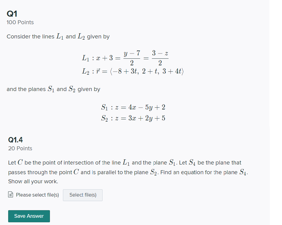 Solved Q1 100 Points Consider the lines L1 and L2 given by y | Chegg.com