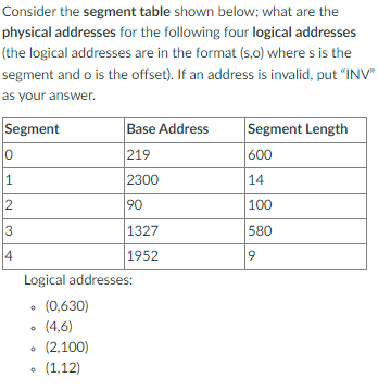 Solved Consider the segment table shown below; what are the | Chegg.com