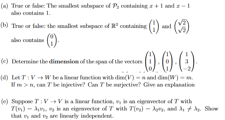 Solved (a) True or false: The smallest subspace of P2 | Chegg.com
