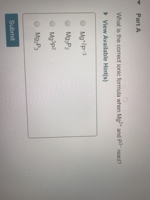 Solved Part A What is the correct ionic formula when Mg2 and | Chegg.com