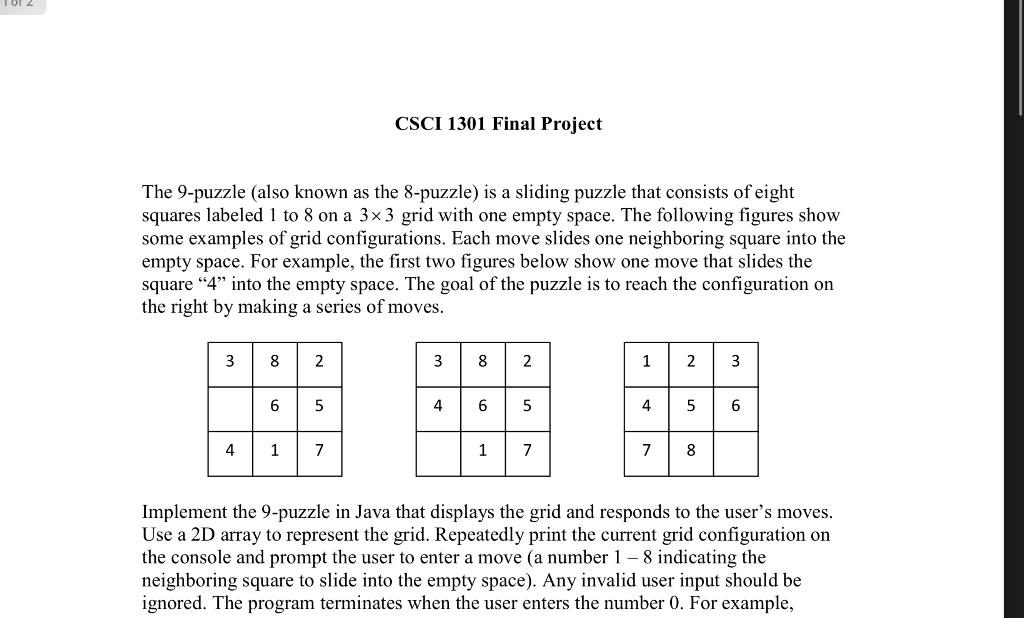 Solved CSCI 1301 Final Project The 9-puzzle (also known as | Chegg.com