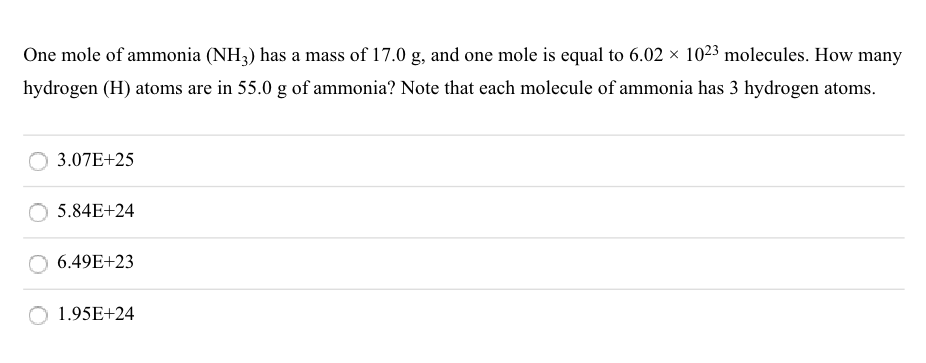 Solved One mole of ammonia (NH3) has a mass of 17.0 g, and | Chegg.com