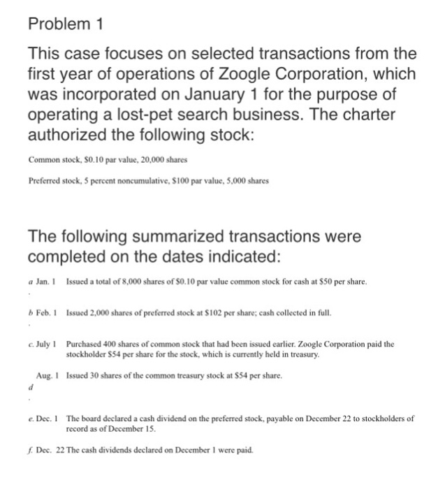 Problem 1 This case focuses on selected transactions | Chegg.com