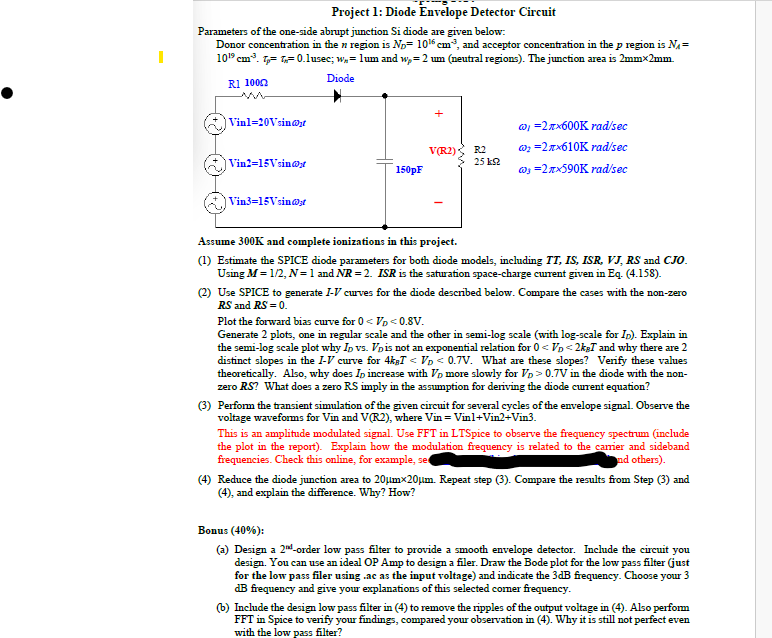 Solved Project 1: Diode Envelope Detector CircuitParameters | Chegg.com