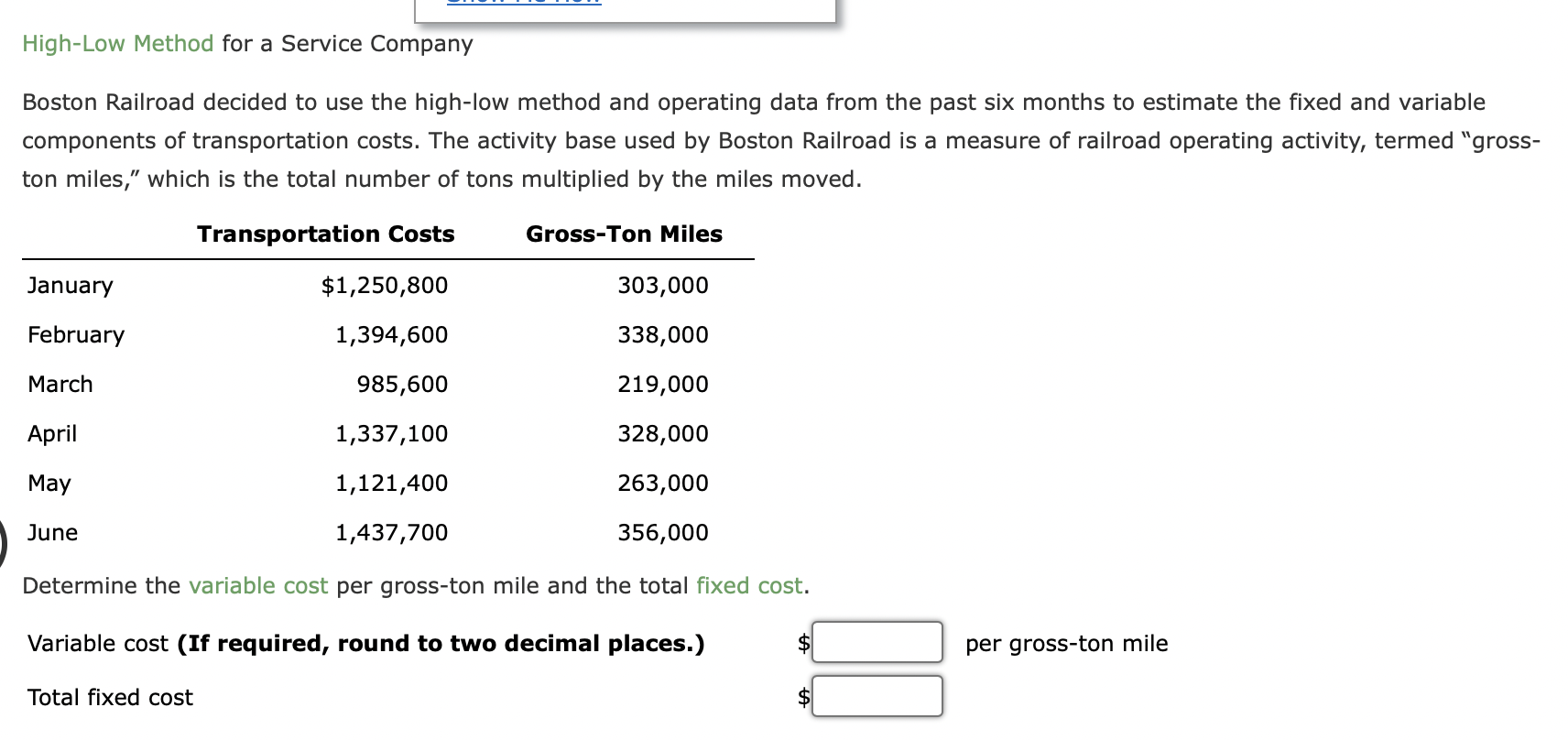 Solved High-Low Method for a Service CompanyBoston Railroad | Chegg.com