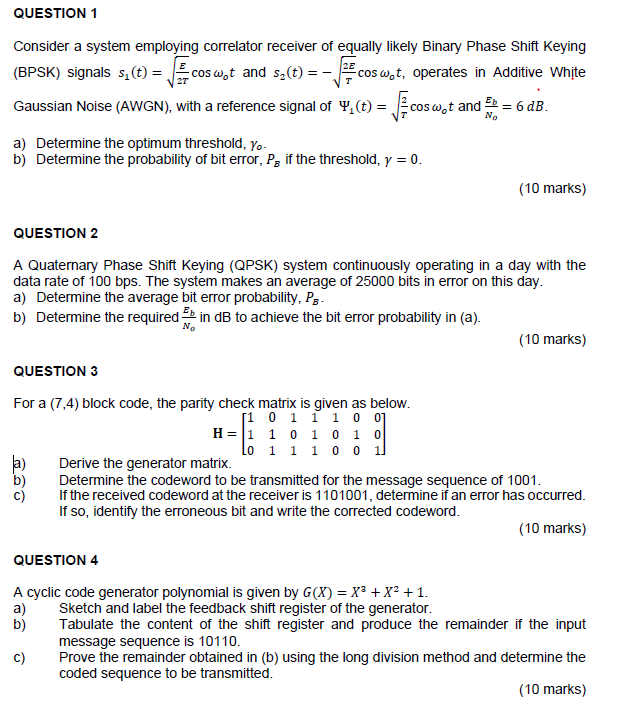 Solved QUESTION 1 Consider a system employing correlator | Chegg.com