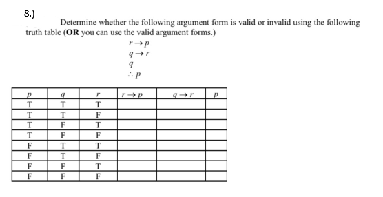 Solved 8.) Determine whether the following argument form is | Chegg.com