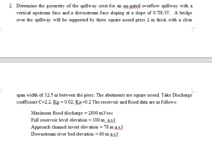 Solved 2. Determine the geometry of the spillway crest for | Chegg.com