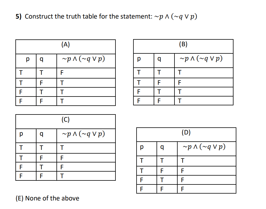 Solved 5) Construct the truth table for the statement: | Chegg.com