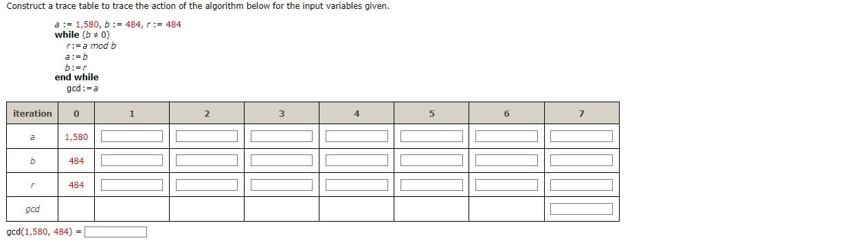 Solved a:=1,580,b:=484,r:=484 while (b =0) r:=amodb a:=b | Chegg.com
