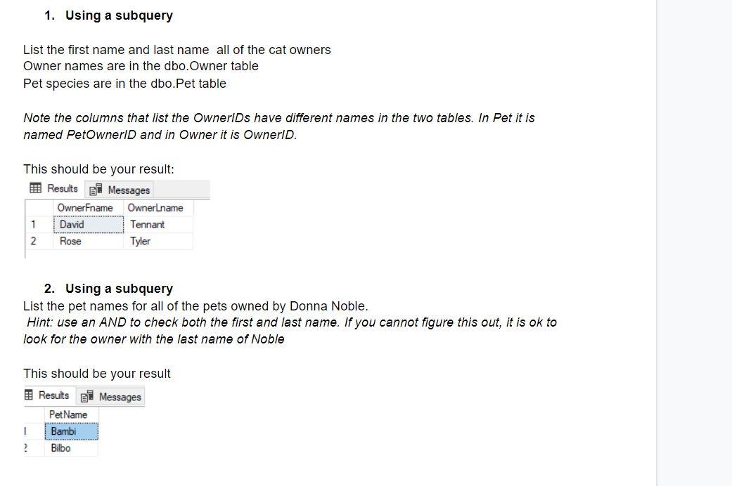 Solved 1. Using a subquery List the first name and last name | Chegg.com