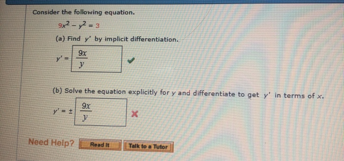Solved Consider the following equation. 9x2-y2=3 (a) Find y' | Chegg.com