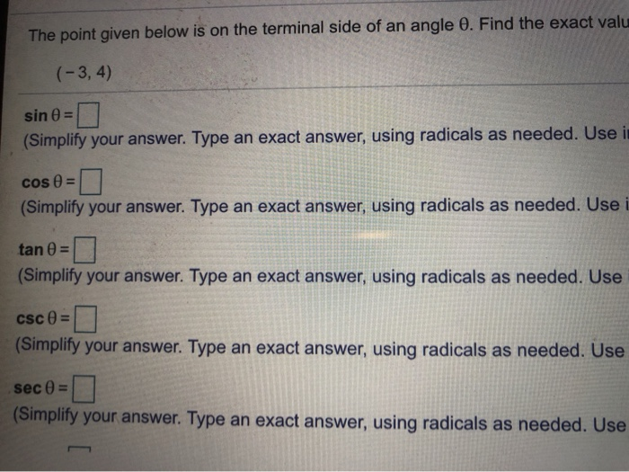 Solved The point given below is on the terminal side of an | Chegg.com