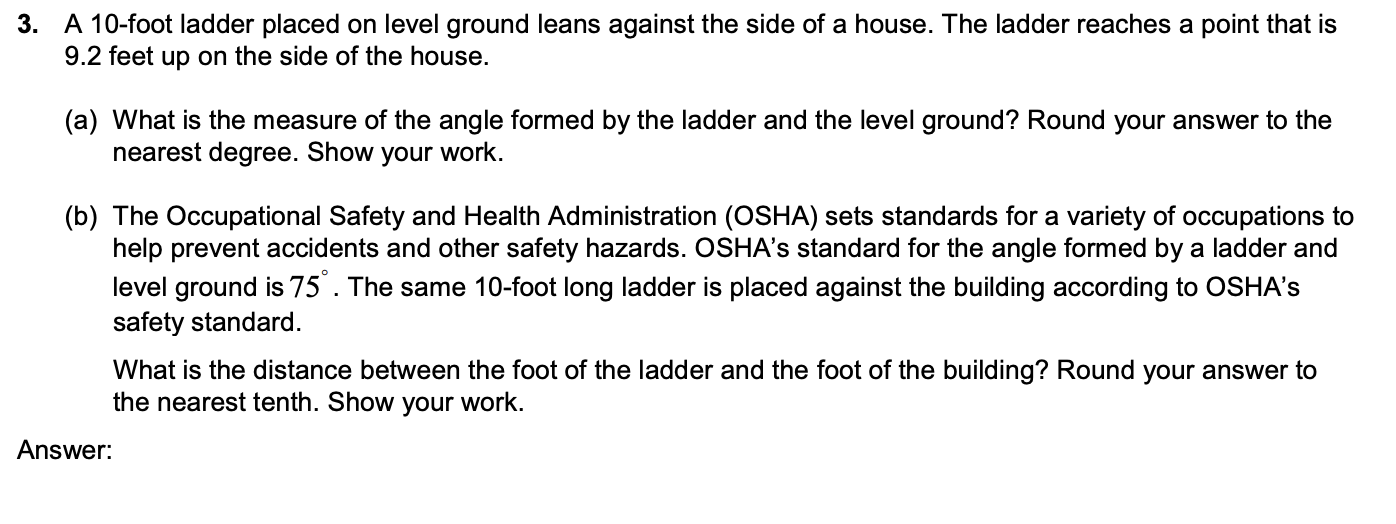 [Solved]: 3. A 10-foot ladder placed on level ground leans a