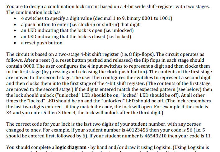 Solved You are to design a combination lock circuit based on | Chegg.com
