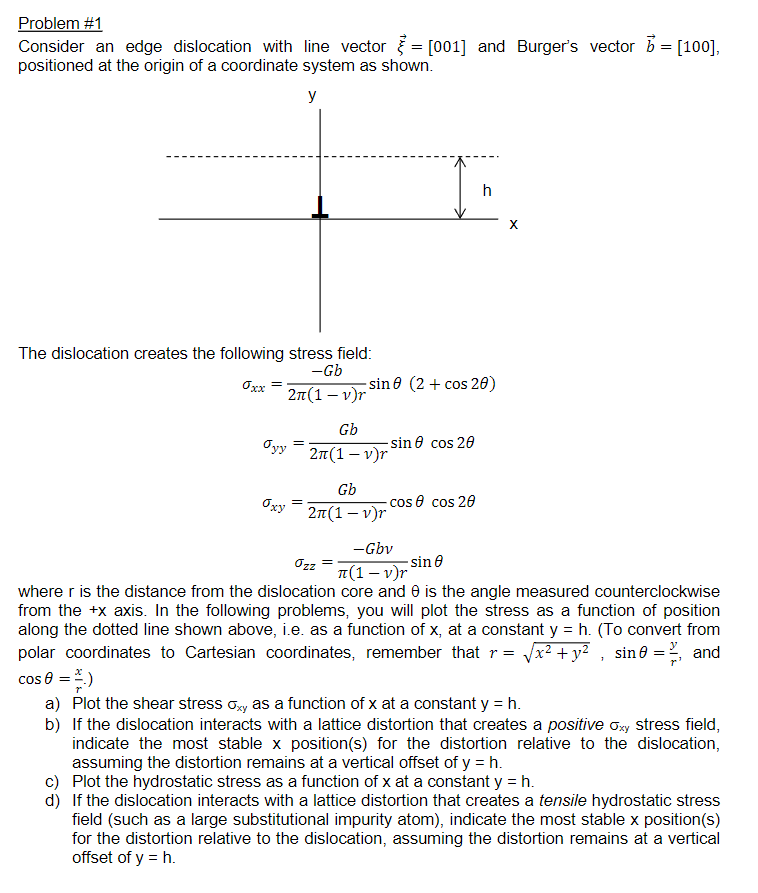 Solved Problem #1 Consider an edge dislocation with line | Chegg.com