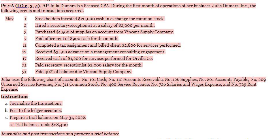 Solved P2.2A (LO 2, 3, 4), AP Julia Dumars is a licensed | Chegg.com
