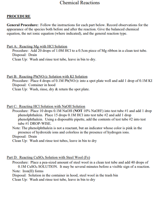 Solved Chemical Reactions PROCEDURE General Procedure: | Chegg.com