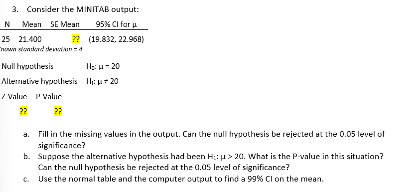 Solved 3. Consider the MINITAB output: a. Fill in the | Chegg.com