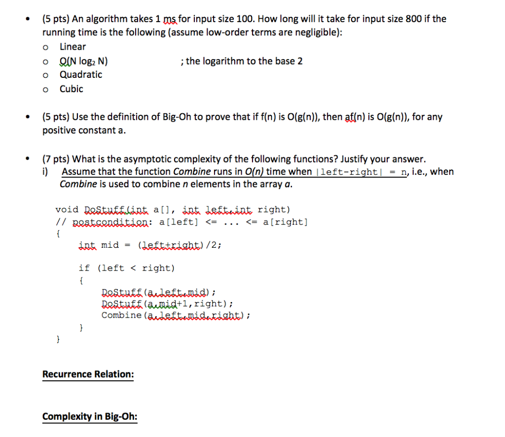Solved 5 Pts An Algorithm Takes 1 Ms For Input Size 100